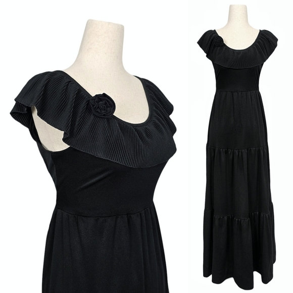 Ilgwu | Dresses | 97s Black Dress 70s Vintage Maxi Ruffly Tiered Goth ...